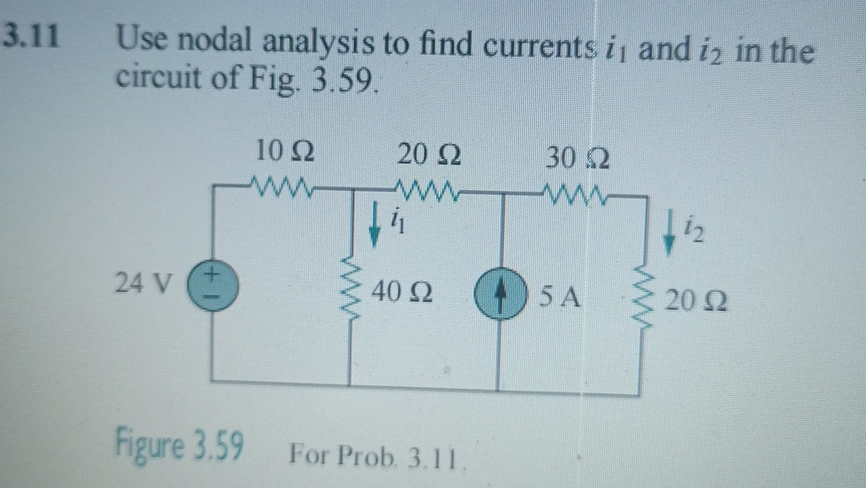 Solved 3.11 ﻿Use nodal analysis to find currents i1 ﻿and i2 | Chegg.com