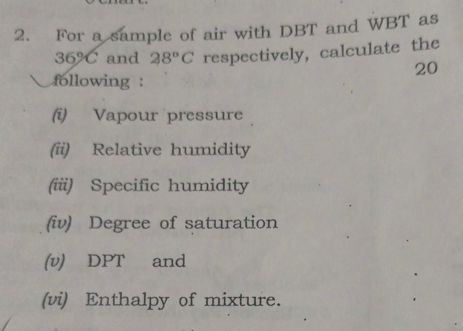 Solved 2. For a sample of air with DBT and WBT as 36%C and | Chegg.com