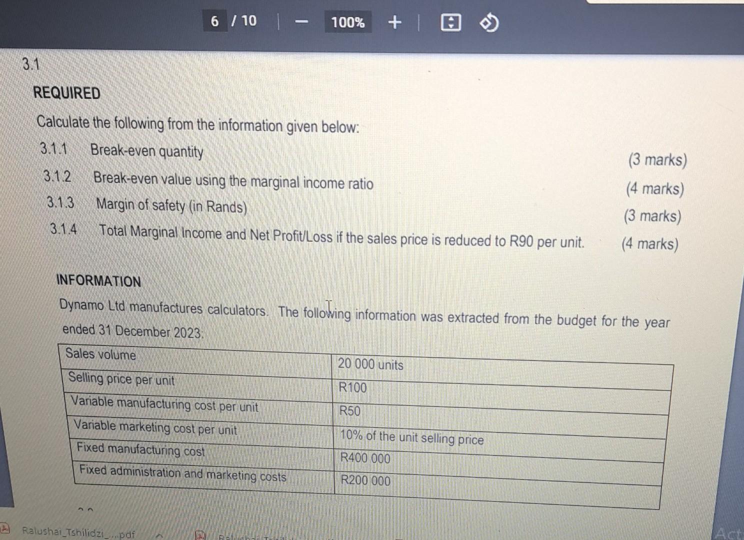 Solved Calculate the following from the information given | Chegg.com