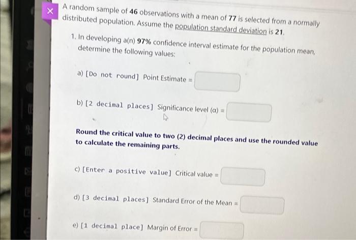 Solved random sample of 46 observations with a mean of 77 is | Chegg.com