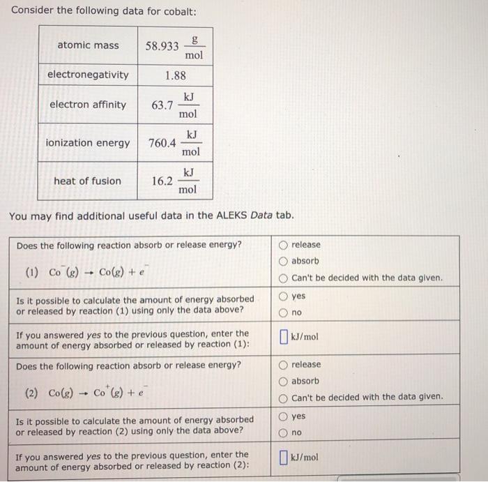 Solved Consider the following data for cobalt: atomic mass | Chegg.com
