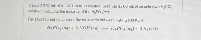 Solved It took 25.02 mL of a 1.001MKOH solution to titrate | Chegg.com