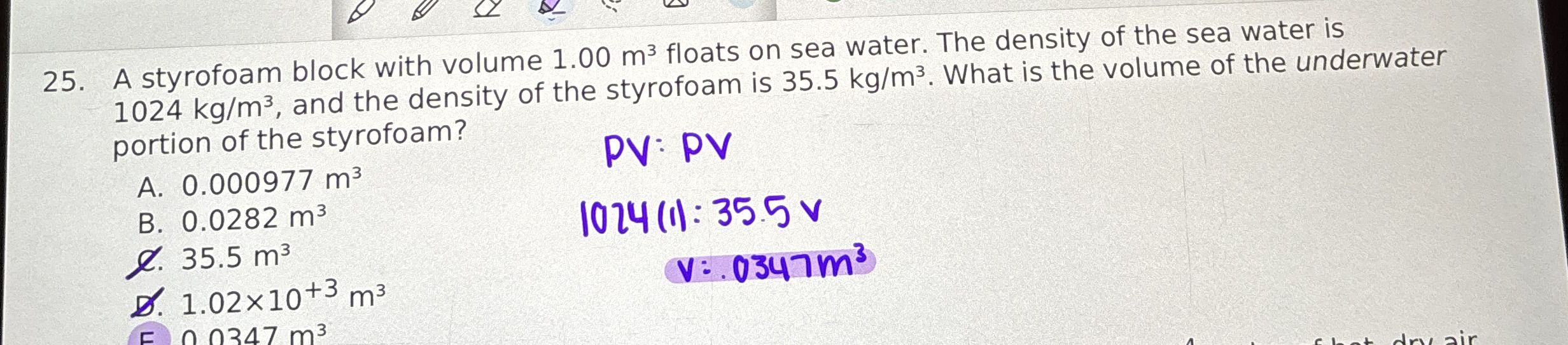 Solved A styrofoam block with volume 1.00m3 ﻿floats on sea | Chegg.com