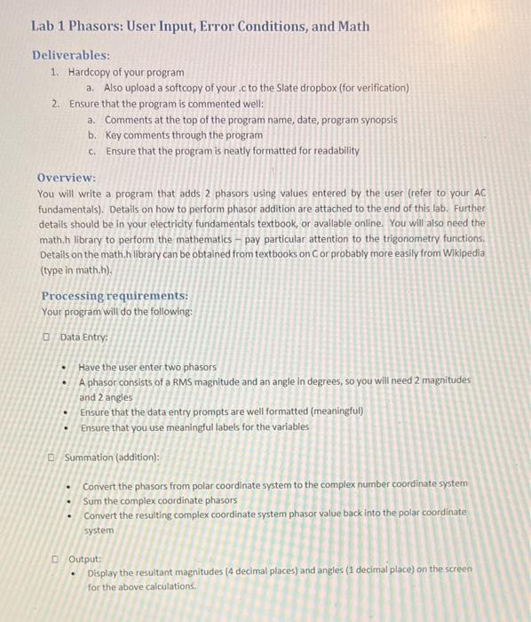 Solved Lab 1 Phasors: User Input, Error Conditions, and Math | Chegg.com