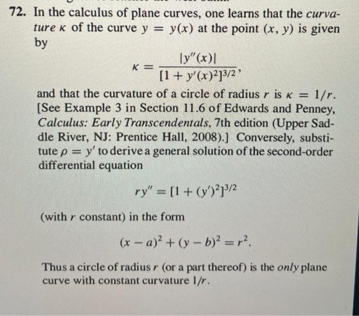 Solved 72. In the calculus of plane curves, one learns that | Chegg.com