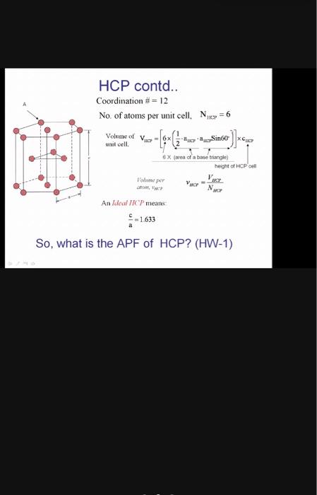 Solved HCP contd.. Coordination #12 No of atoms per unit | Chegg.com