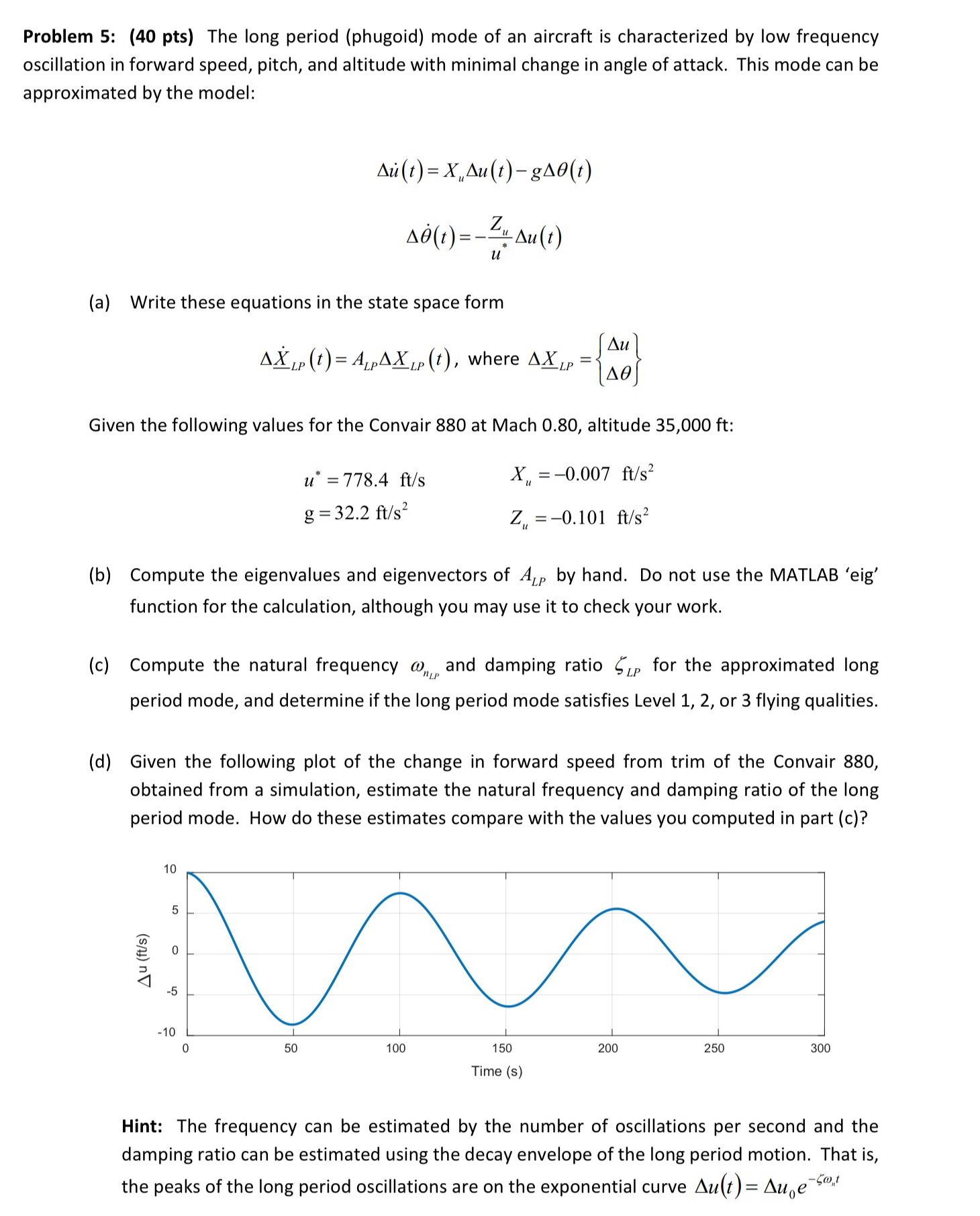 Solved Problem 5: (40 ﻿pts) ﻿The long period (phugoid) ﻿mode | Chegg.com