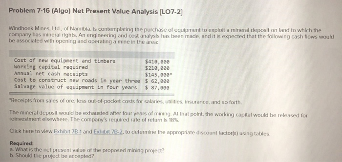 Solved Problem 7-16 (Algo) Net Present Value Analysis | Chegg.com