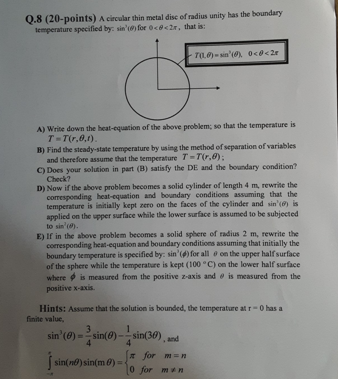 Solved Q. 8 (20-points) ﻿A circular thin metal disc of | Chegg.com