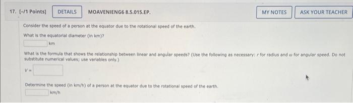 Solved Consider the speed of a person at the equator due to | Chegg.com