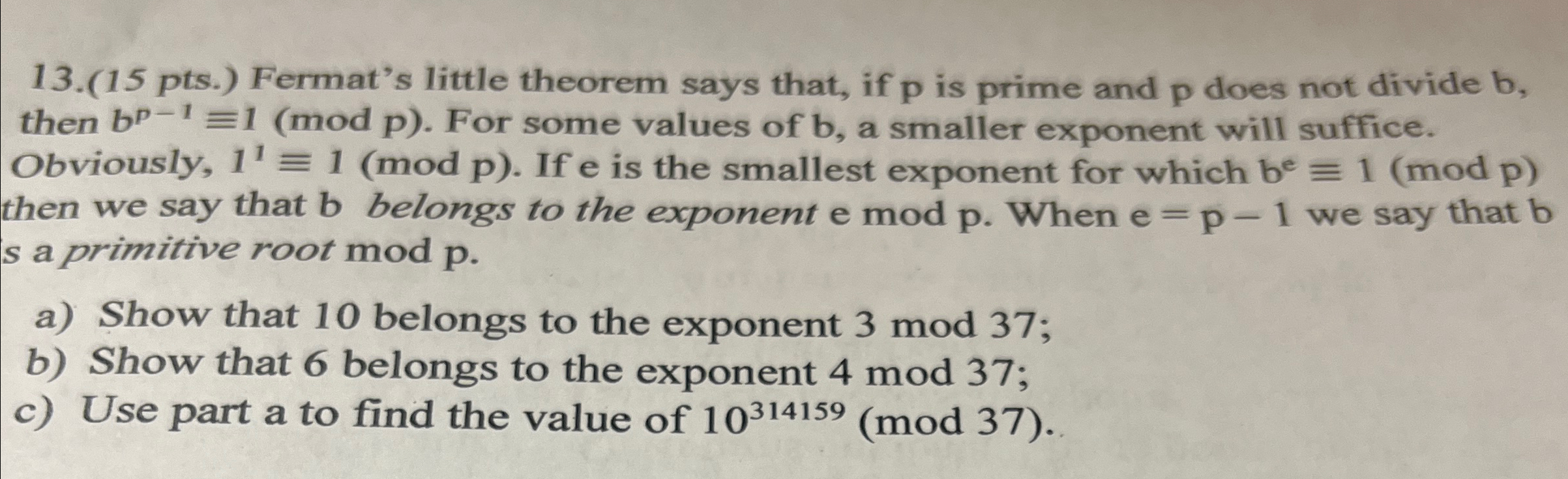 Solved (15 ﻿pts.) ﻿Fermat's little theorem says that, if p | Chegg.com