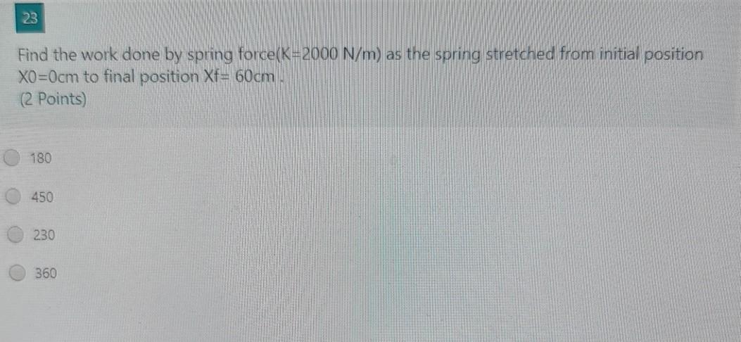 Solved 23 Find the work done by spring force(K=2000 N/m) as | Chegg.com