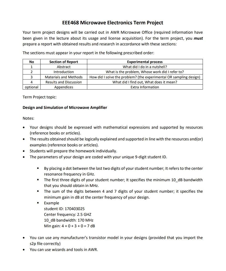 Solved EEE468 Microwave Electronics Term Project Your term | Chegg.com
