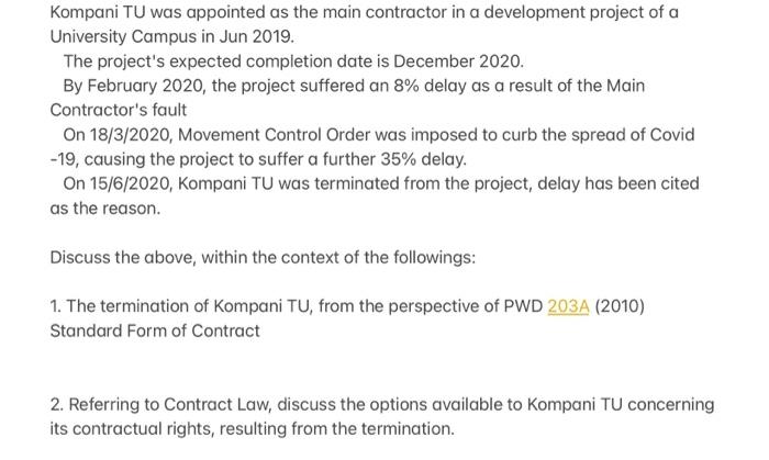 Solved PWD 203A (2010) STANDARD FORM OF CONTRACTKompani TU | Chegg.com