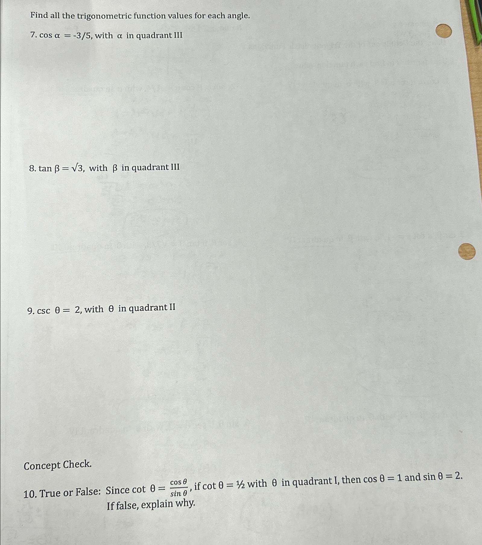 Solved Find all the trigonometric function values for each | Chegg.com