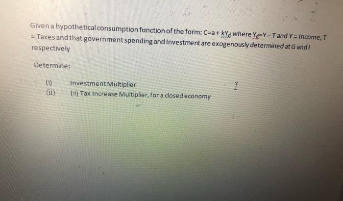 Given a hypothetical consumption function of the | Chegg.com