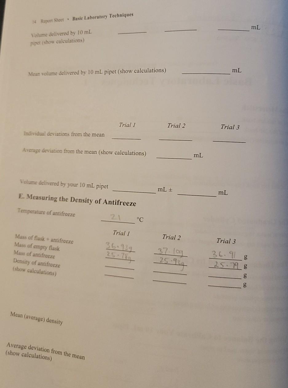 REPORT SHEET EXPERIMENT 1 Basic Laboratory Techniques | Chegg.com