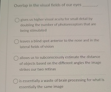 Solved Overlap in the visual fields of our eyes q,sivegives | Chegg.com