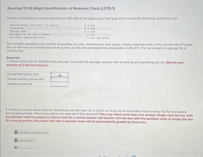 Solved Exercise 13-14 (Algo) Identification of Relevant | Chegg.com