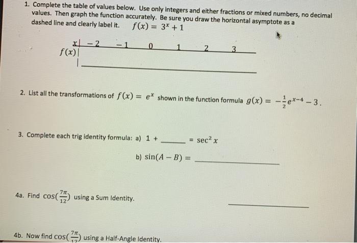 Solved 1. Complete the table of values below. Use only | Chegg.com