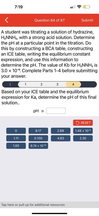 Solved H₂NNH₂, with a strong acid solution. Determine the pH | Chegg.com