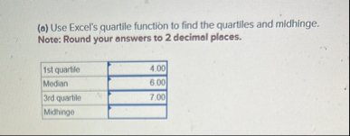 Solved (a) ﻿Use Excel's quartile function to find the | Chegg.com