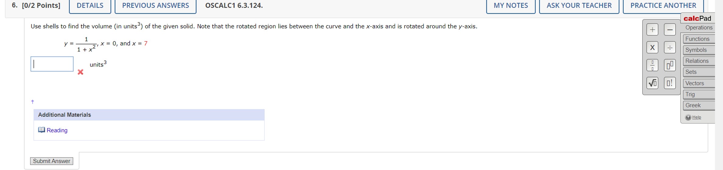 Solved Use shells to find the volume (in units ?3 ) ﻿of the | Chegg.com