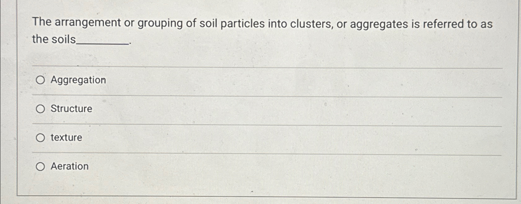 Solved The arrangement or grouping of soil particles into | Chegg.com