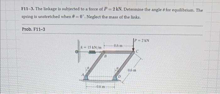 Solved F11-3. The linkage is subjected to a force of P=2kN. | Chegg.com