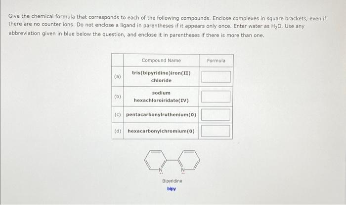 Solved Give the chemical formula that corresponds to each of | Chegg.com