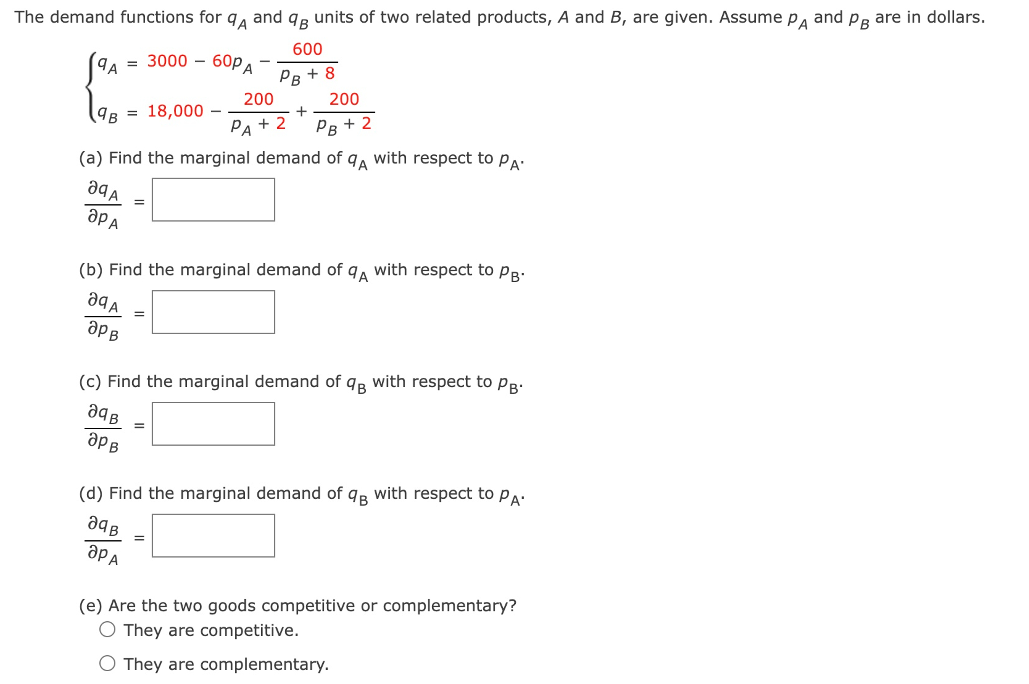 Solved The demand functions for qA ﻿and qB ﻿units of two | Chegg.com