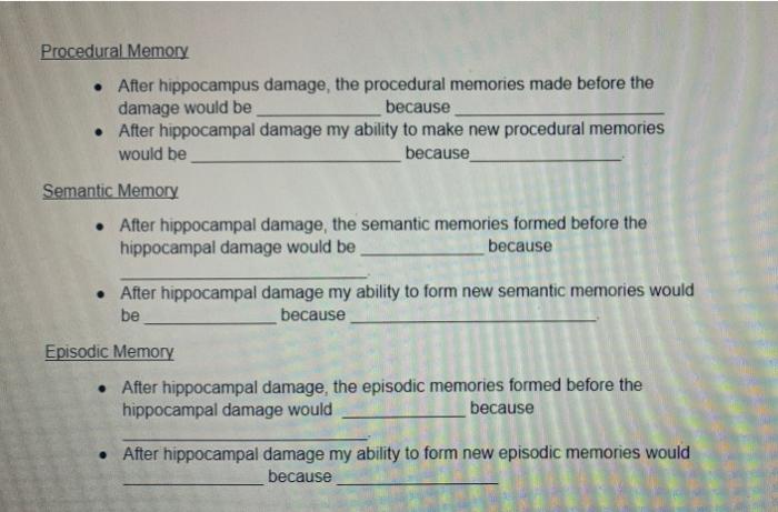 Solved Procedural Memory • After hippocampus damage, the | Chegg.com