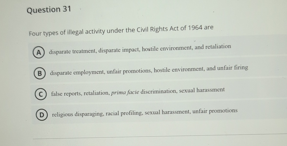 Solved Question 31Four types of illegal activity under the | Chegg.com