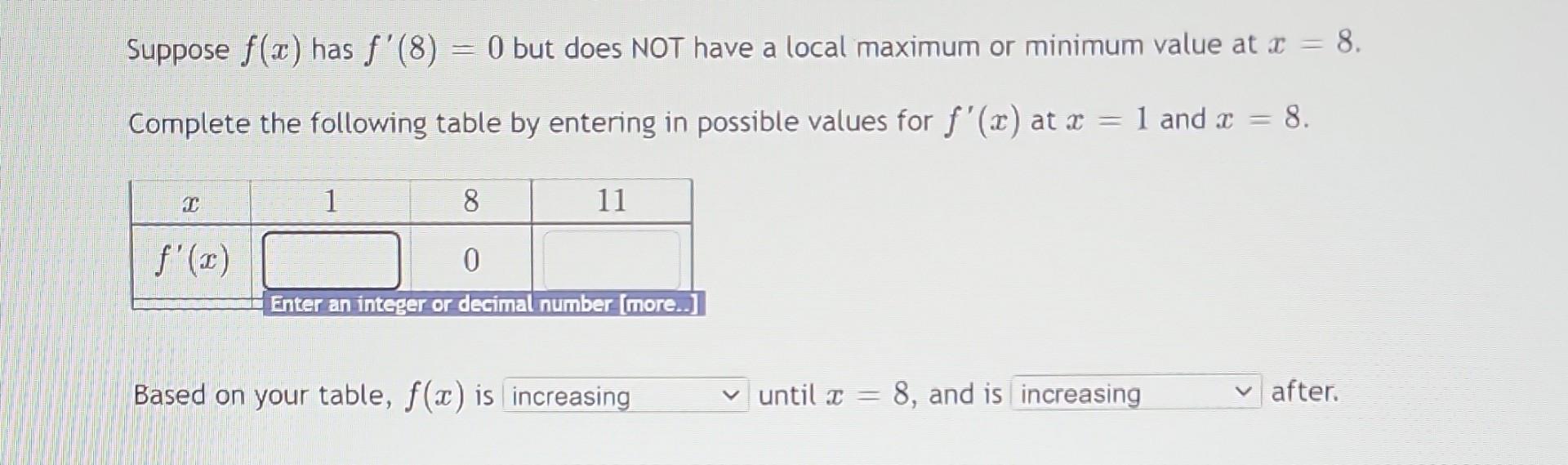 Solved Suppose f(x) has f′(8)=0 but does NOT have a local | Chegg.com