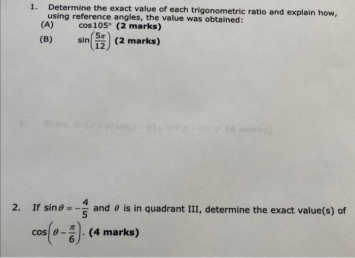 Solved 1 Determine The Exact Value Of Each Trigonometric