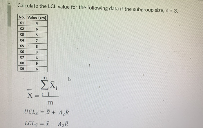 Solved Calculate the LCL value for the following data if the | Chegg.com