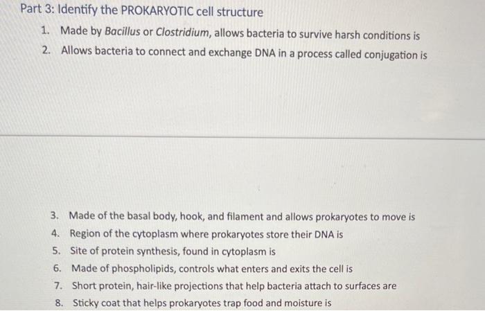 [Solved]: Part 3: Identify the PROKARYOTIC cell structure 1