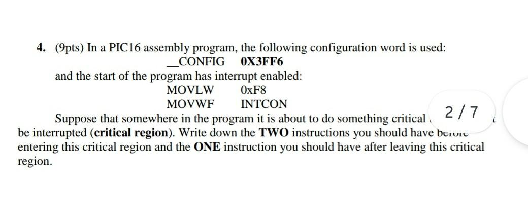 Solved 4. (9pts) In a PIC16 assembly program, the following | Chegg.com