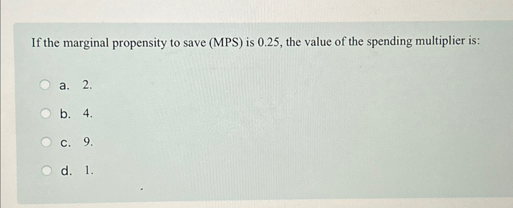 Solved If the marginal propensity to save (MPS) ﻿is 0.25 , | Chegg.com