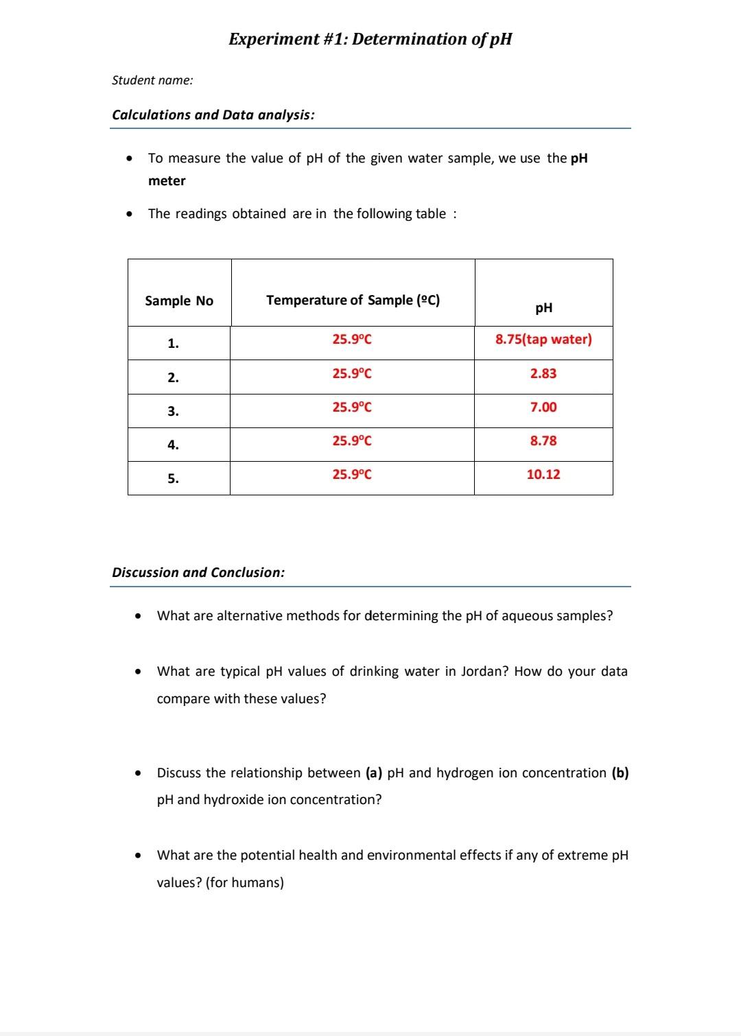 Solved Experiment #1: Determination of pH Student name: | Chegg.com