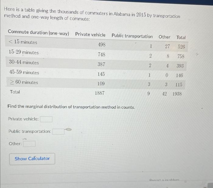 Solved Here is a table giving the thousands of commuters in | Chegg.com