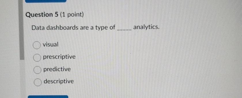 Solved Question 5 (1 ﻿point)Data dashboards are a type of | Chegg.com