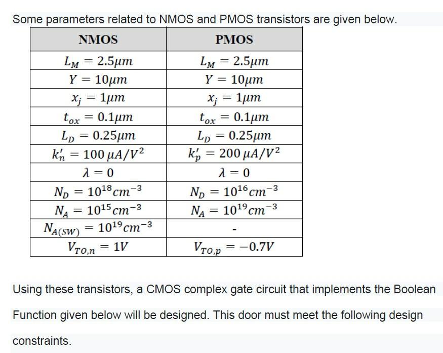 Some parameters related to NMOS and PMOS transistors | Chegg.com