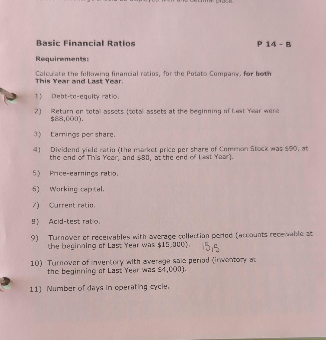 Solved Basic Financial Ratios P 14 - B Requirements: | Chegg.com