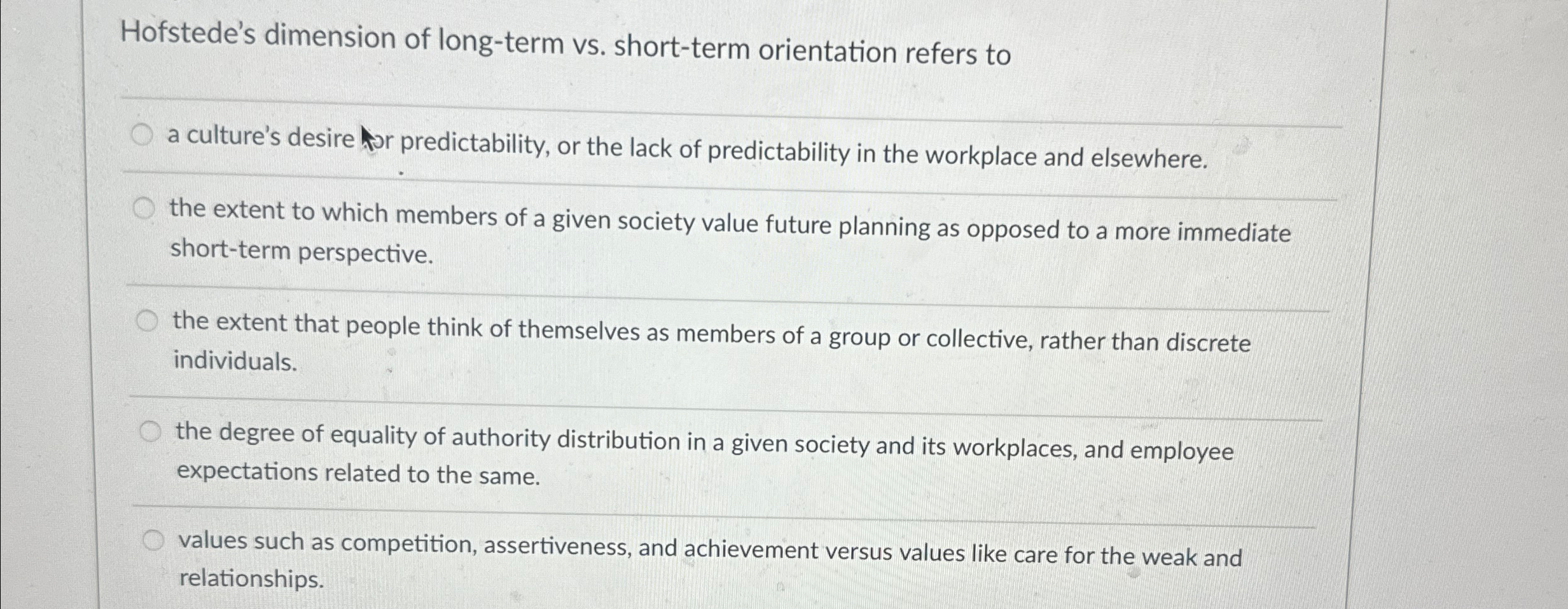 Solved Hofstede's dimension of long-term vs. ﻿short-term | Chegg.com