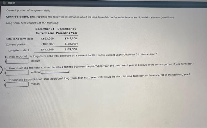 Solved eBook Current portion of long-term debt Connie's | Chegg.com