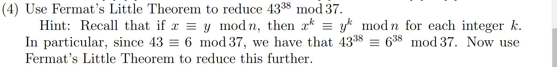 Use Fermat's Little Theorem to reduce 4338mod37.Hint: | Chegg.com