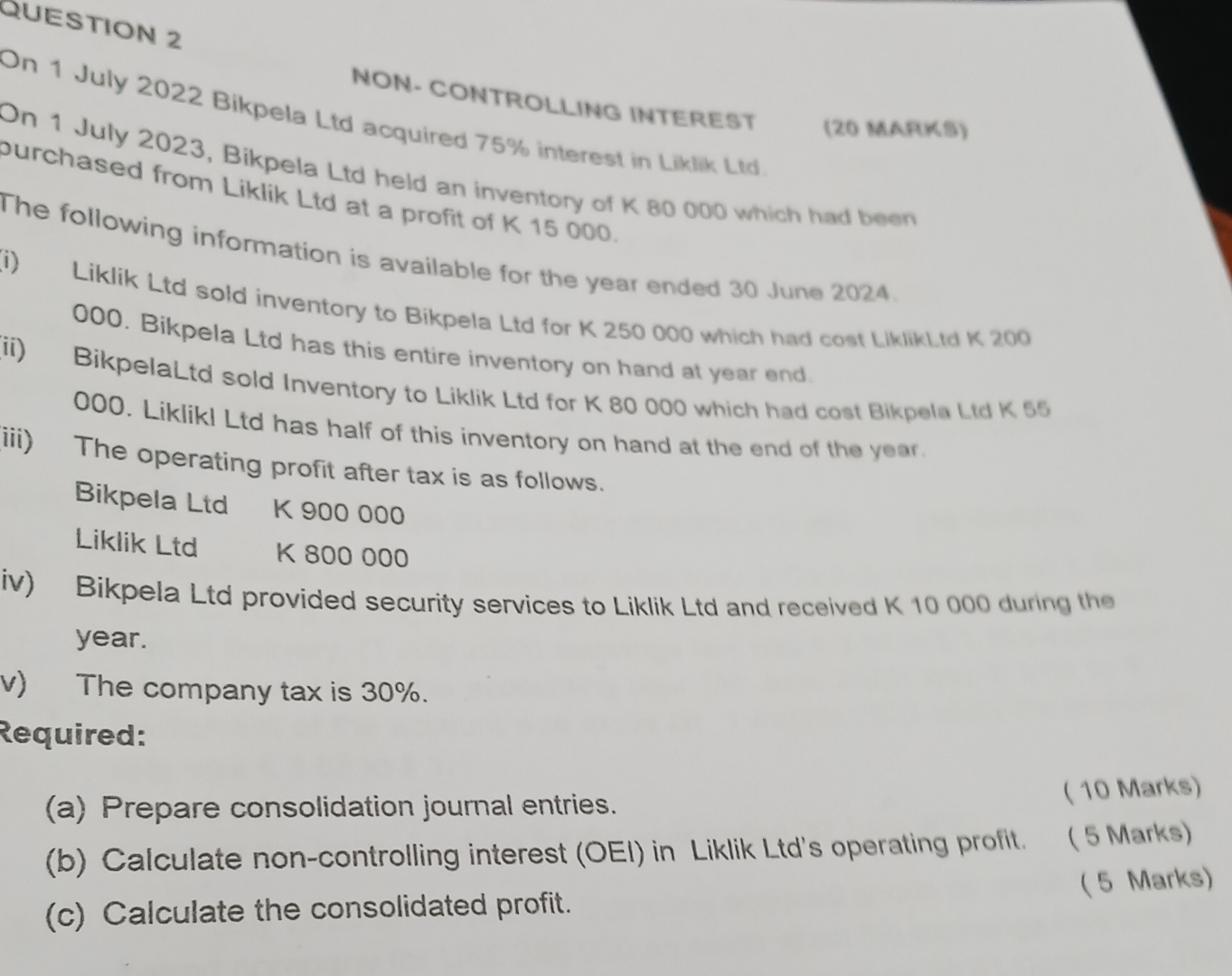 Solved QUESTION 2NON-CONTROLLING INTERESTLtd acquired 75% | Chegg.com