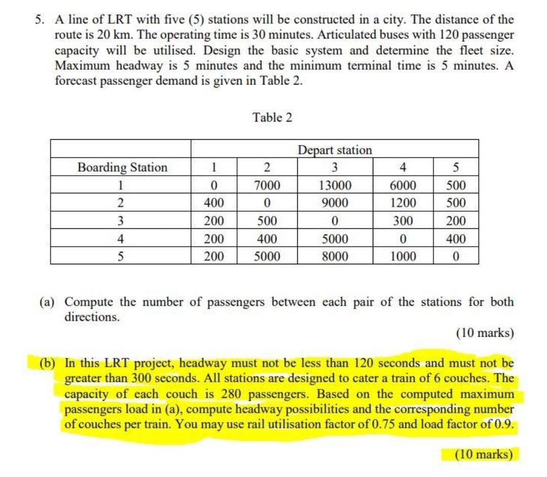 Solved 5. A line of LRT with five (5) stations will be | Chegg.com