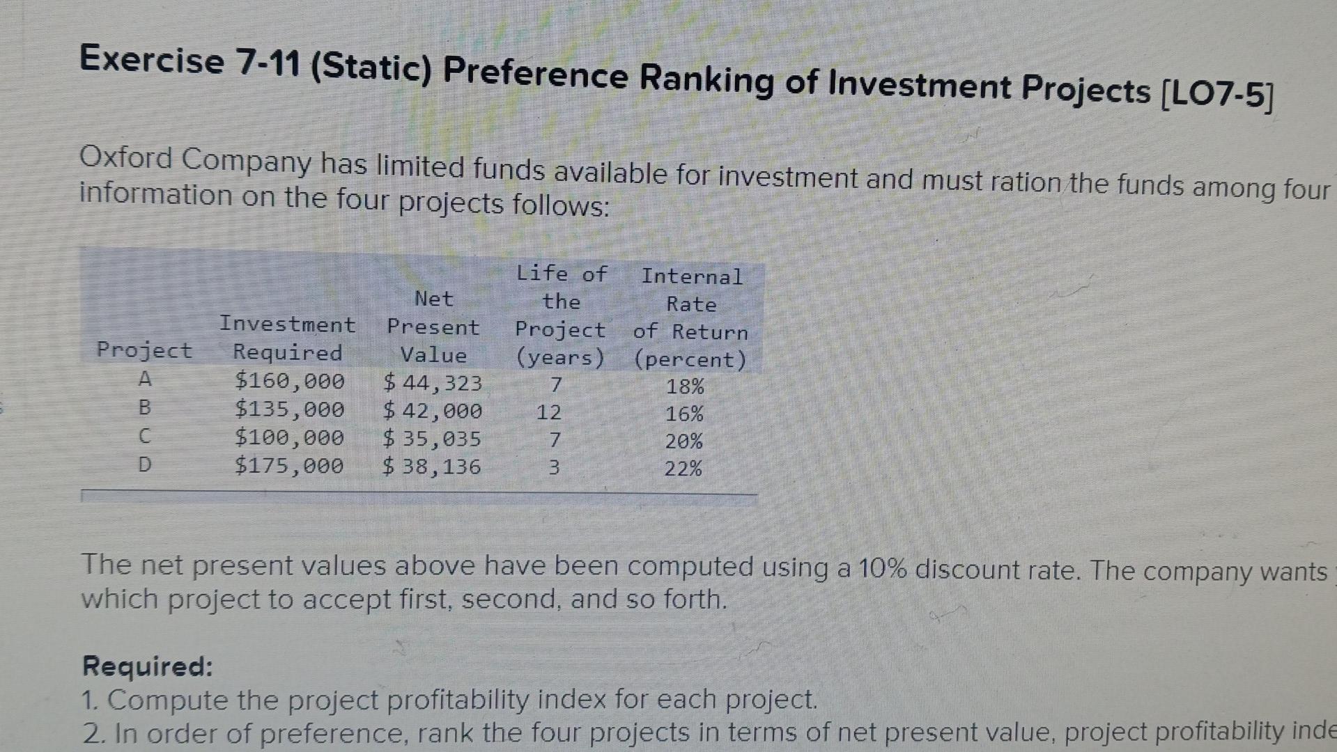 Solved Exercise 7-11 (Static) Preference Ranking of | Chegg.com